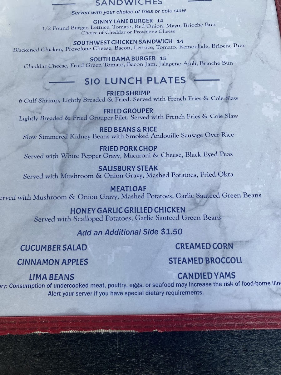 Ginny Lane Bar and Grill Menu (Full Menu Update 2026)
