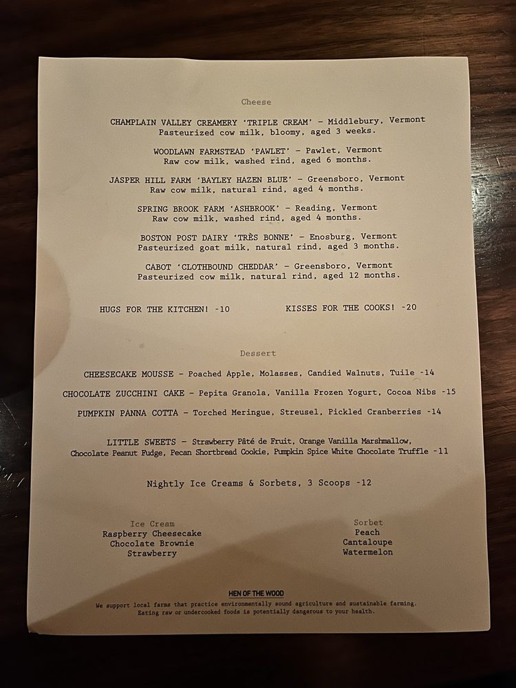 Hen of the Wood - Burlington Menu (Full Menu Update 2026)