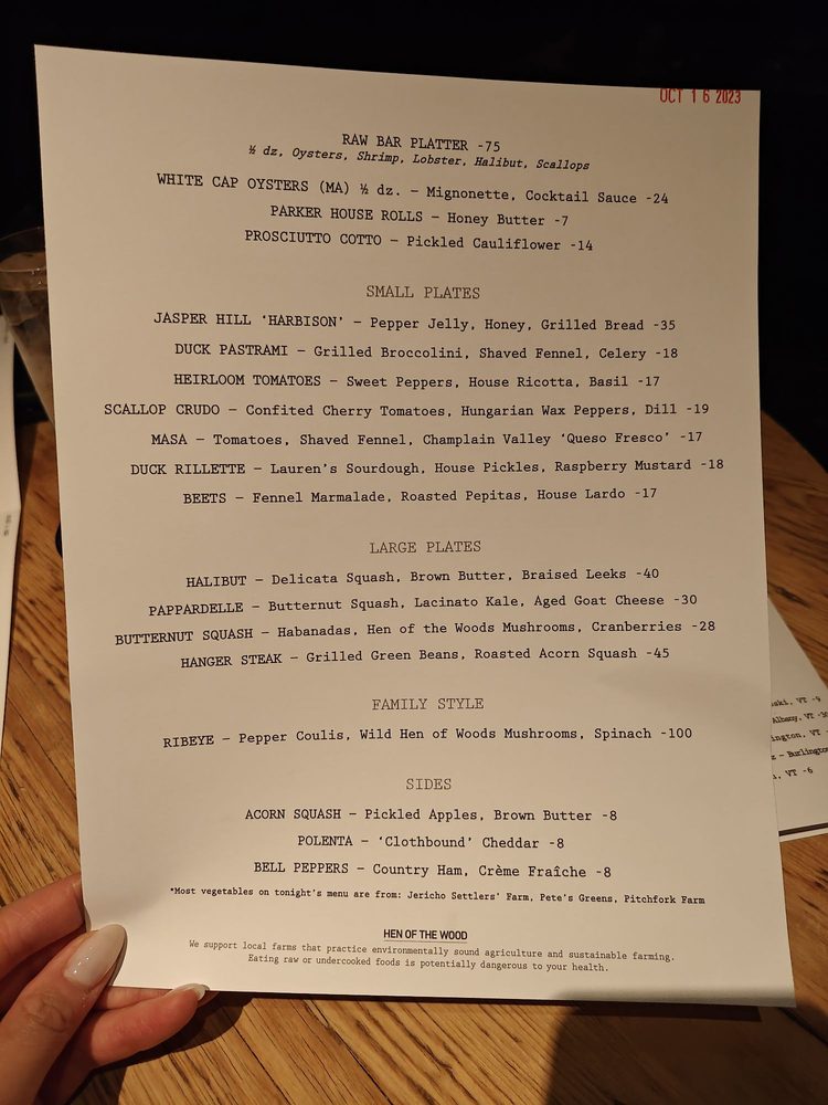 Hen of the Wood - Burlington Menu (Full Menu Update 2026)