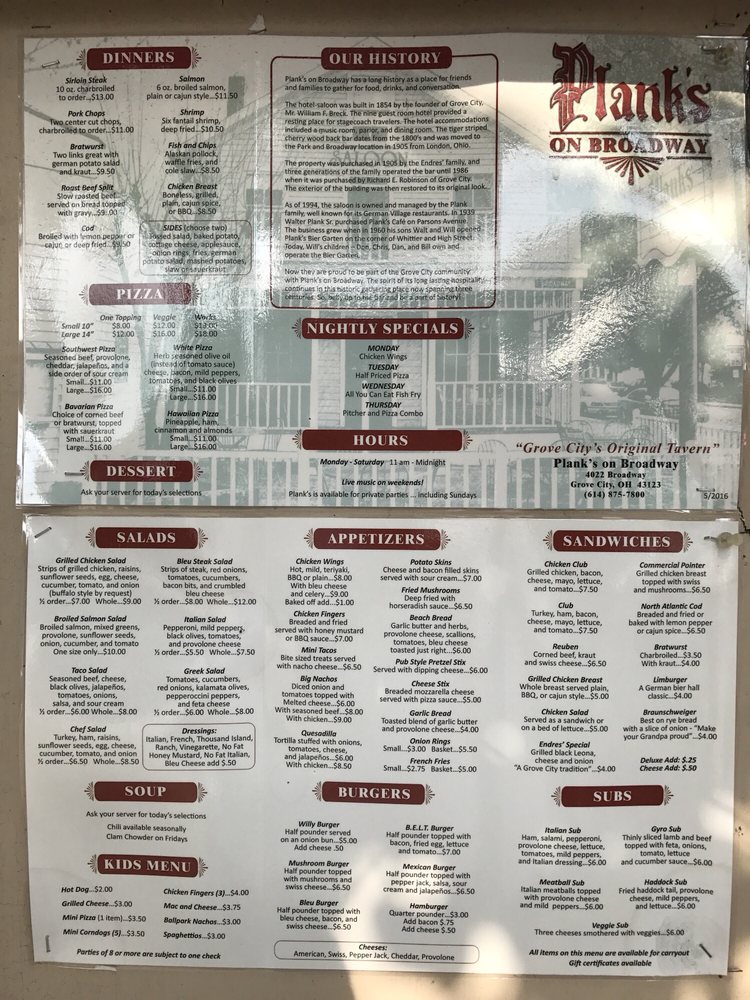 Plank’s On Broadway Menu (Full Menu Update 2026)